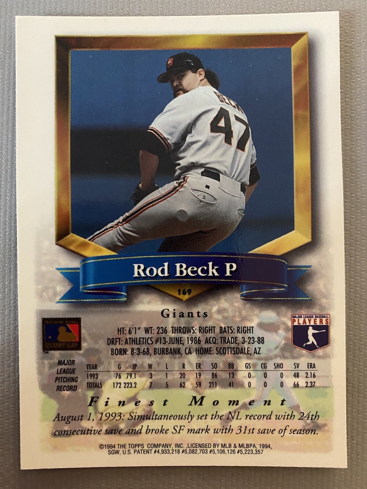 1994 TOPPS FINEST rod beck base card giants #169 | eBay