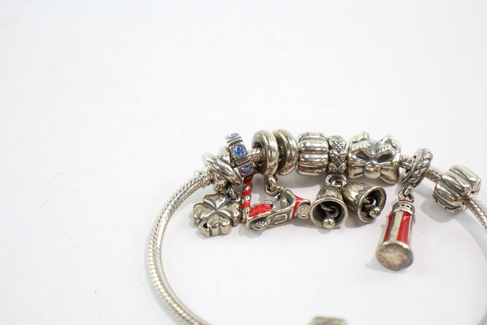 Pandora Sterling Silver Charm Bracelet w/ Charms Bow Bells Clover Vespa ...
