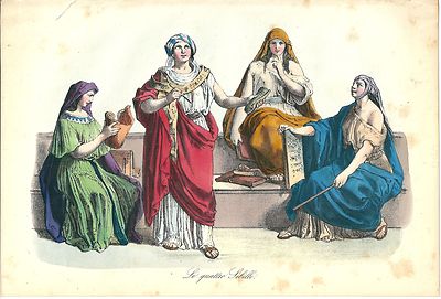 1858 QUATTRO SIBILLINE Sibilla Sibyl mitologia litografia colore coevo ...