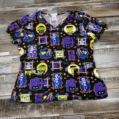 Women's SB Scrubs top M Halloween black boo holiday doctor medical | eBay