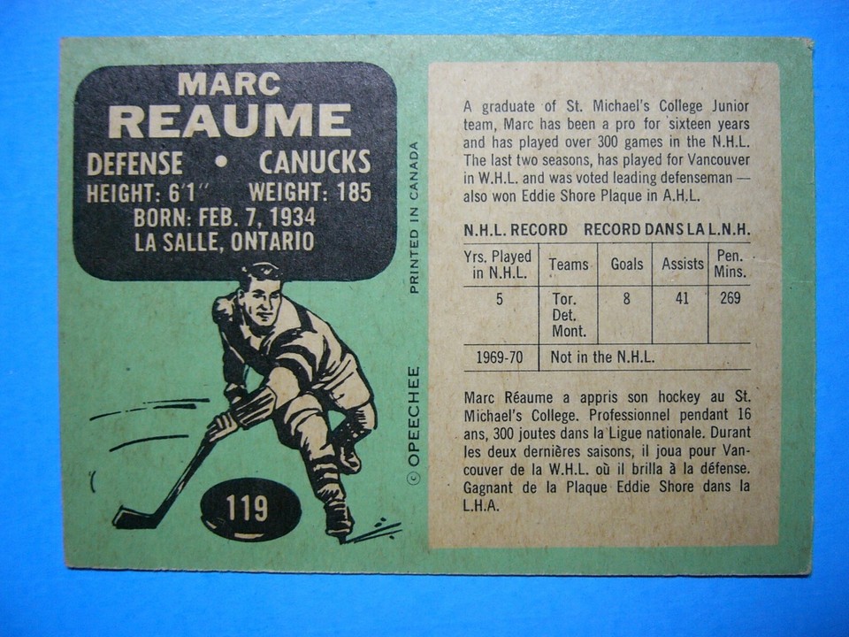 1970/71 O-PEE-CHEE NHL HOCKEY CARD #119 MARC REAUME EX/EX- SHARP!! 70/ ...