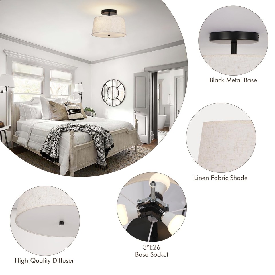 12.6" Light Fxitures Ceiling Mount,3 Light Semi Flush Mount Ceiling ...