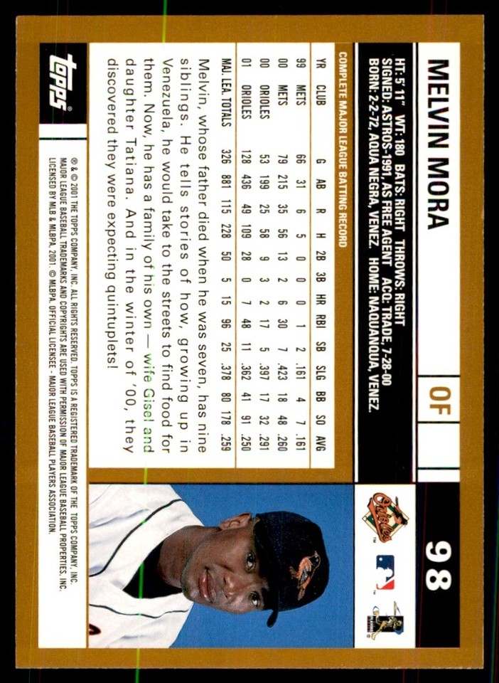 2002 Topps Baseball Card Melvin Mora Baseball Cards #98 | eBay