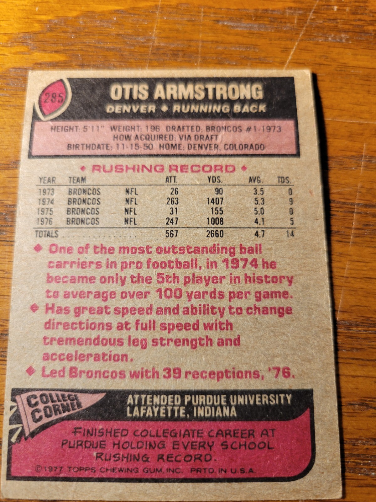 Otis Armstrong Broncos 285 sports card | eBay