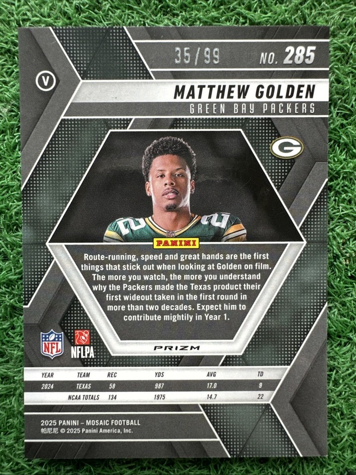 Matthew Golden 2025 Mosaic No Huddle Blue Prizm ROOKIE VARIATION /99 ...