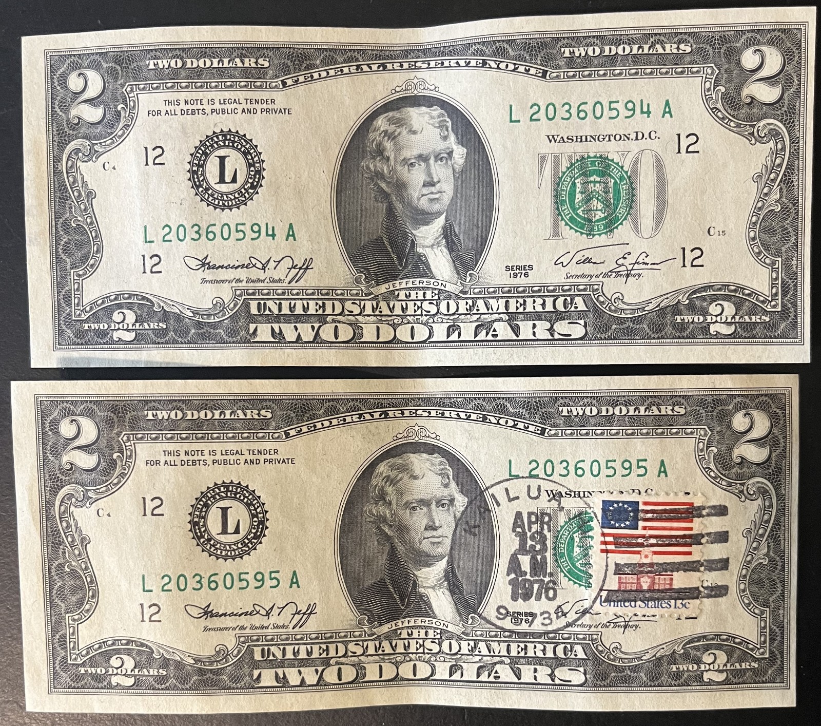 1976 Series $2 Bills Serial Number Sequence of 2 Postmarked 1st day of ...