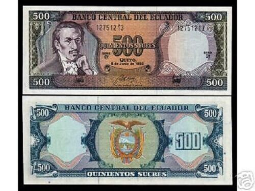 Ecuador 500 SUCRES P-124 A 1988 Ecuadoran UNC World Currency Money Bill ...