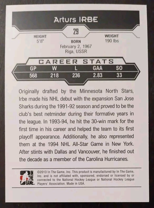 2013 - 2014 ITG Arturs Irbe Decades The 90's #29 Hockey Card | eBay