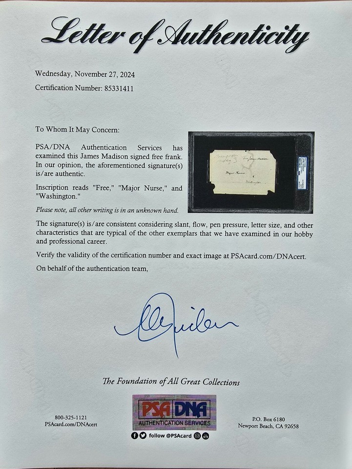 JAMES MADISON PRESIDENT SIGNED FREE FRANK PSA AUTHENTIC! | eBay
