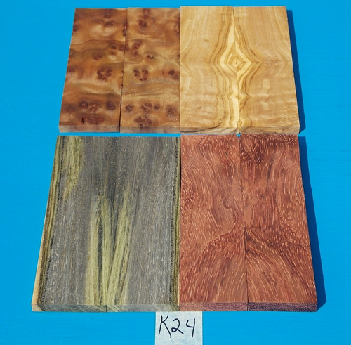 4 PAIRS KNIFE SCALES~BLUE MAHOE~BUBINGA~CAMPHOR BURL~OLIVE WOOD~EXOTIC ...