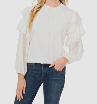 $89 Cece Women's White Ruffle Geo Clip Blouse Size M | eBay