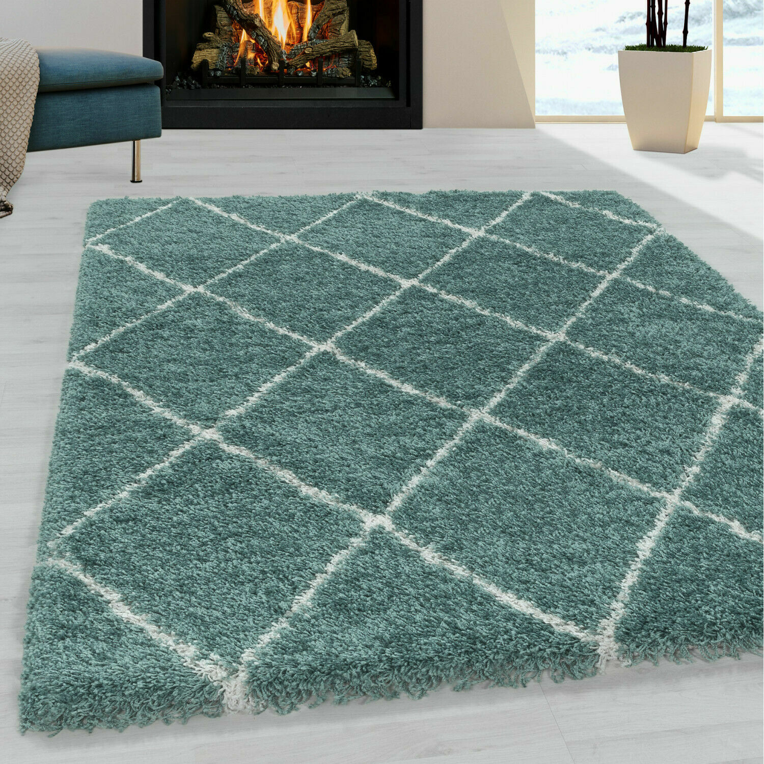 Teal Fluffy Rug Extra Large Small Thick Carpet Geometric Bedroom Shaggy ...