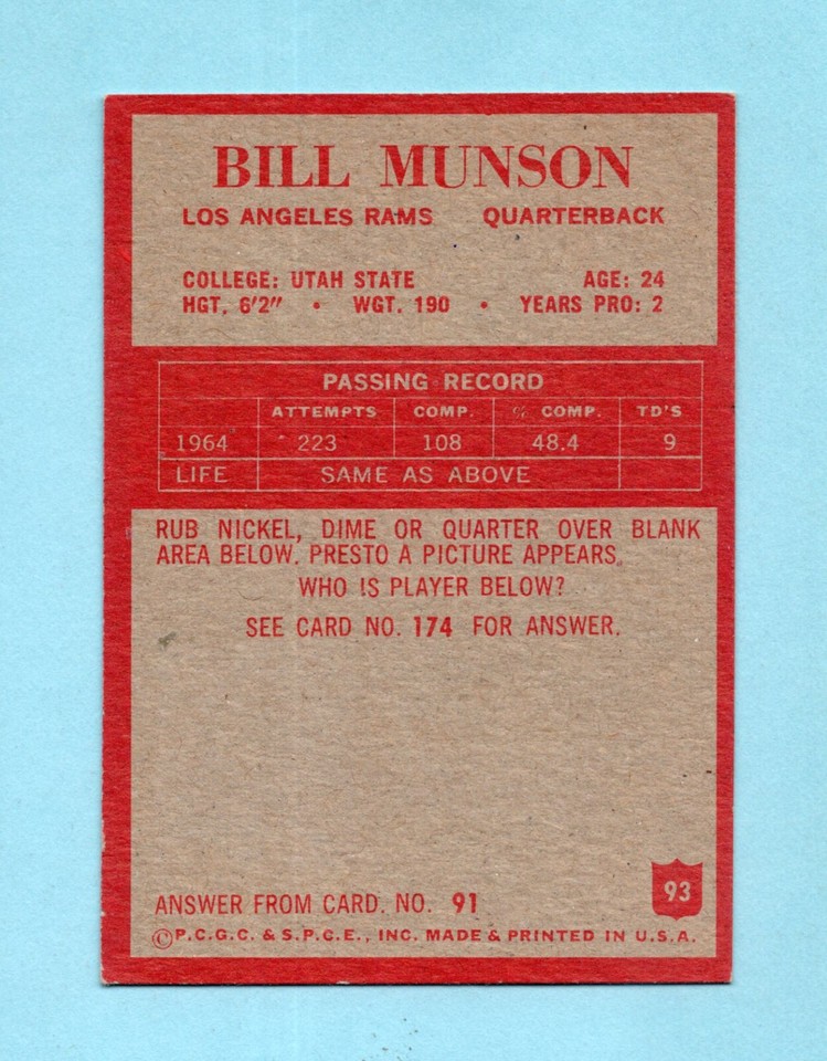 1965 Philadelphia #93 Bill Munson Los Angeles Rams Rookie Football Card ...