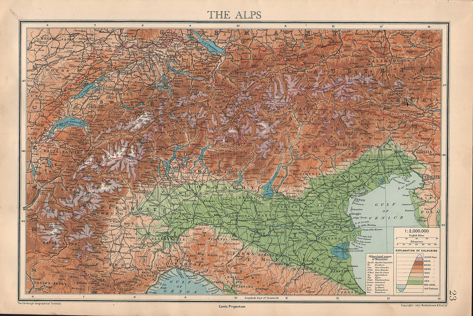 1936 MAP ~ THE ALPS PHYSICAL ~ SWITZERLAND GENEVA LOMBARDY PIEDMONT ...
