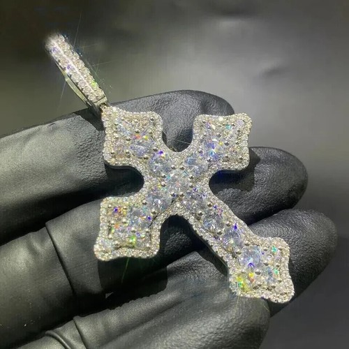 3 CT D/VVS1 Natural Moissanite CROSS Men's Pendant IN 925 Sterling ...