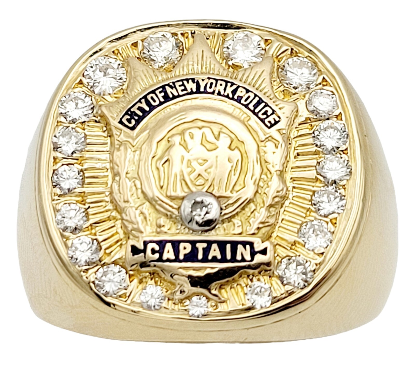 Ring New York City Police Captain Badge Diamond Halo 14 Kt Yellow Gold ...