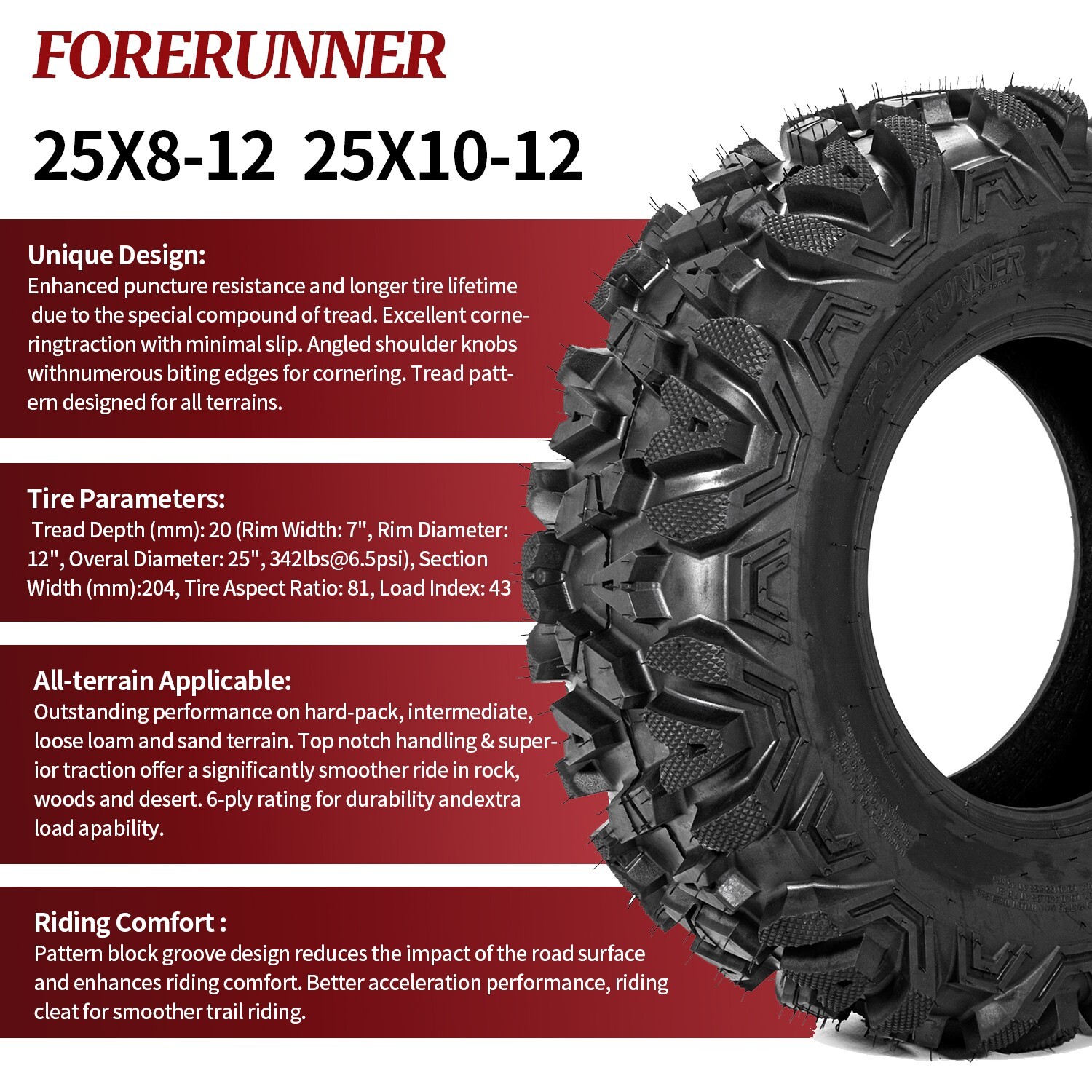 Set 4 ATV Tires 25x10-12 25x8-12 UTV All Terrain 6PR Heavy Duty 25x8x12 ...