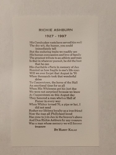 1997 RICHIE ASHBURN PHILLIES MEMORIAL PHOTO CARD & POEM BY HARRY KALAS ...