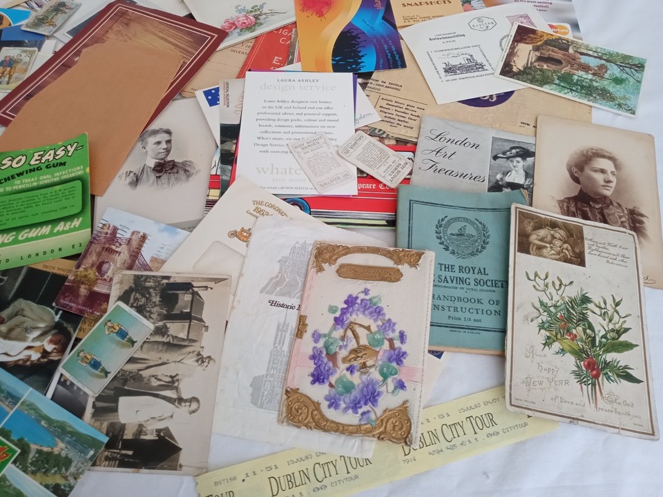 Job lot of Random mixed misc ephemera photos postcards box weighs 1.8kg ...