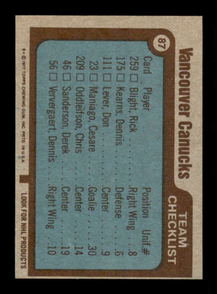1977-78 Topps #87 Vancouver Canucks EXMT/EXMT+ Canucks TC 547297 | eBay