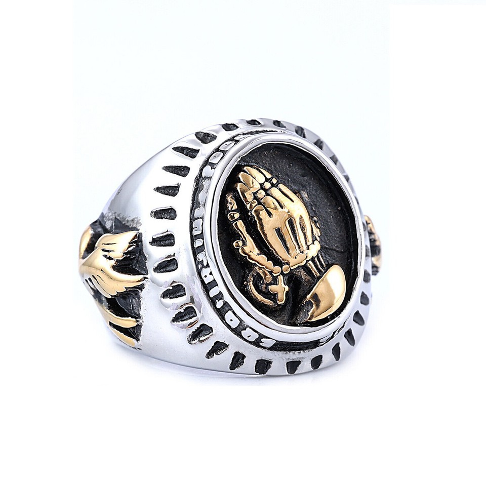 Vintage Lord's Prayer Praying Hands Ring Stainless Steel Cross Angels Dove Ring | eBay