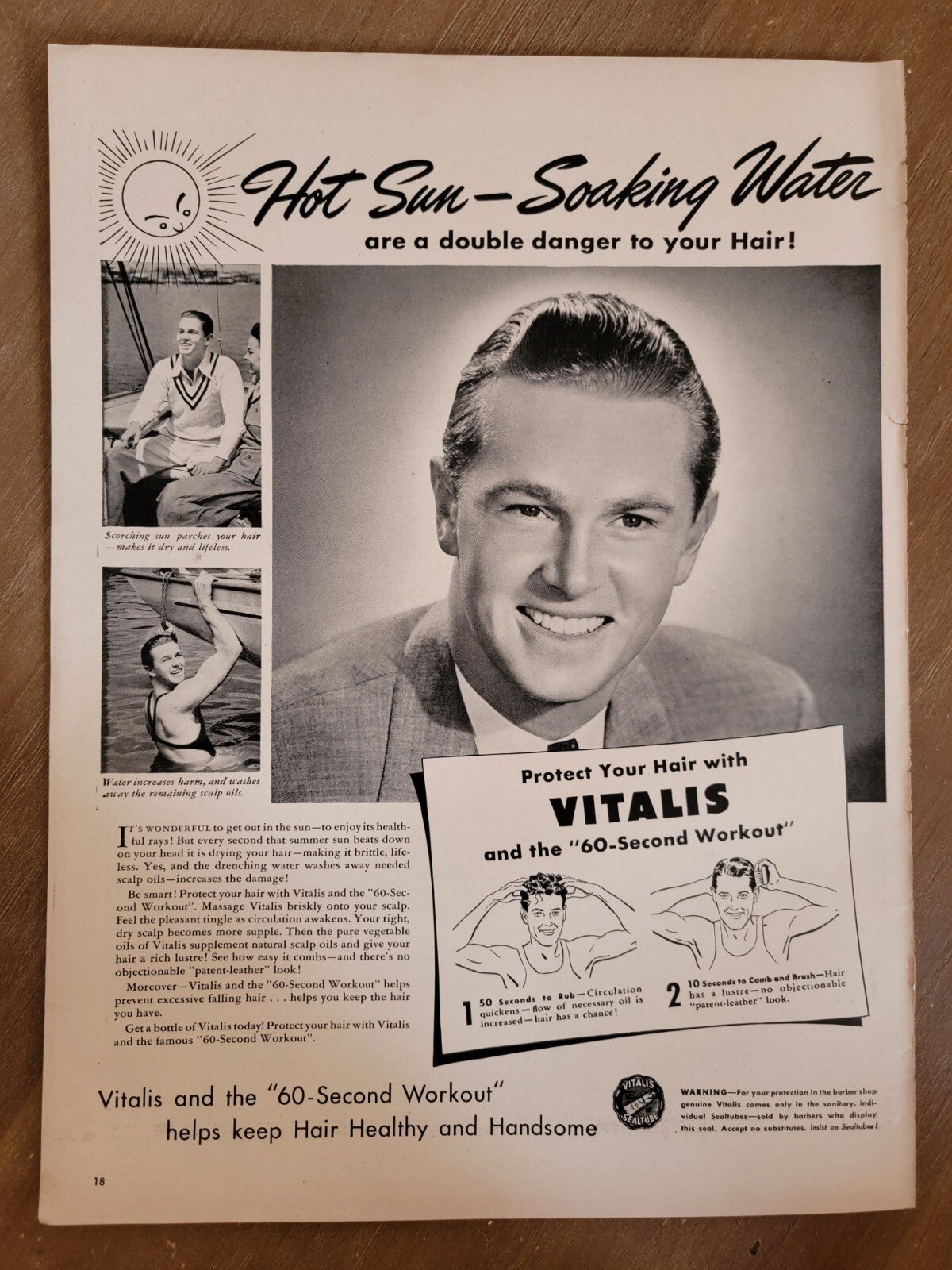 Vintage 1940 Vitalis Hot Sun Soaking Water Print Ad Advertisement | eBay