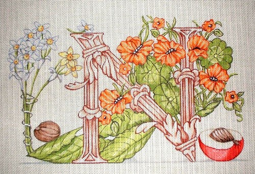Monogram Floral Letter "N" Hand Painted Needlepoint Canvas Dennis Kyte ...