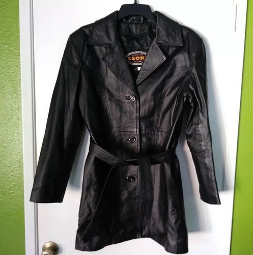 Vintage Leoni Long Genuine Leather Jacket Waist Tie Women's Size M | eBay