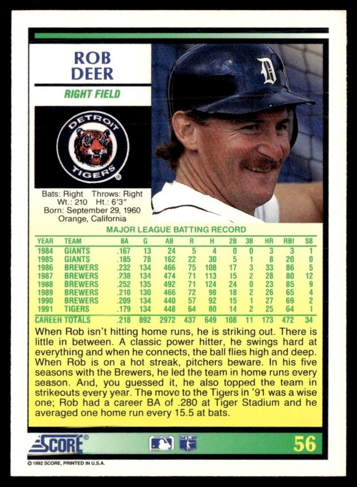 1992 Score Rob Deer Detroit Tigers #56 | eBay