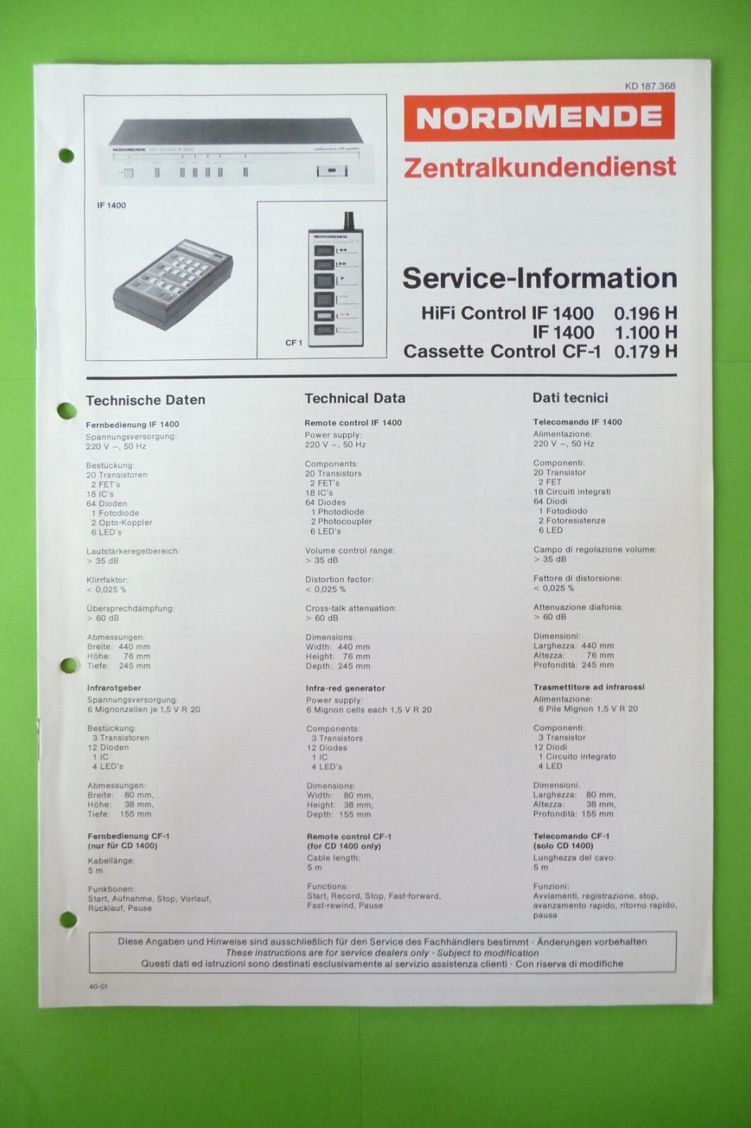 Service Manual Instructions for Nordmende Hifi Control If 1400, 0.196 H ...