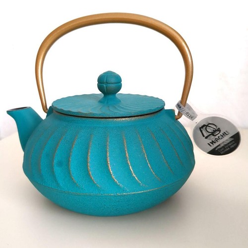 Iwachu Nambu Cast Iron Teapot Turquoise Wave Gold Handle Japan Tetsubin Used | eBay