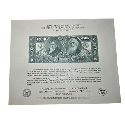 1976 American Numismatic Association BEP Engraving 1896 $2 Silver ...