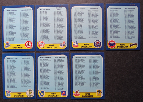 1986 Fleer Unmarked Checklist Team Set Of 7 Baseball Cards | eBay