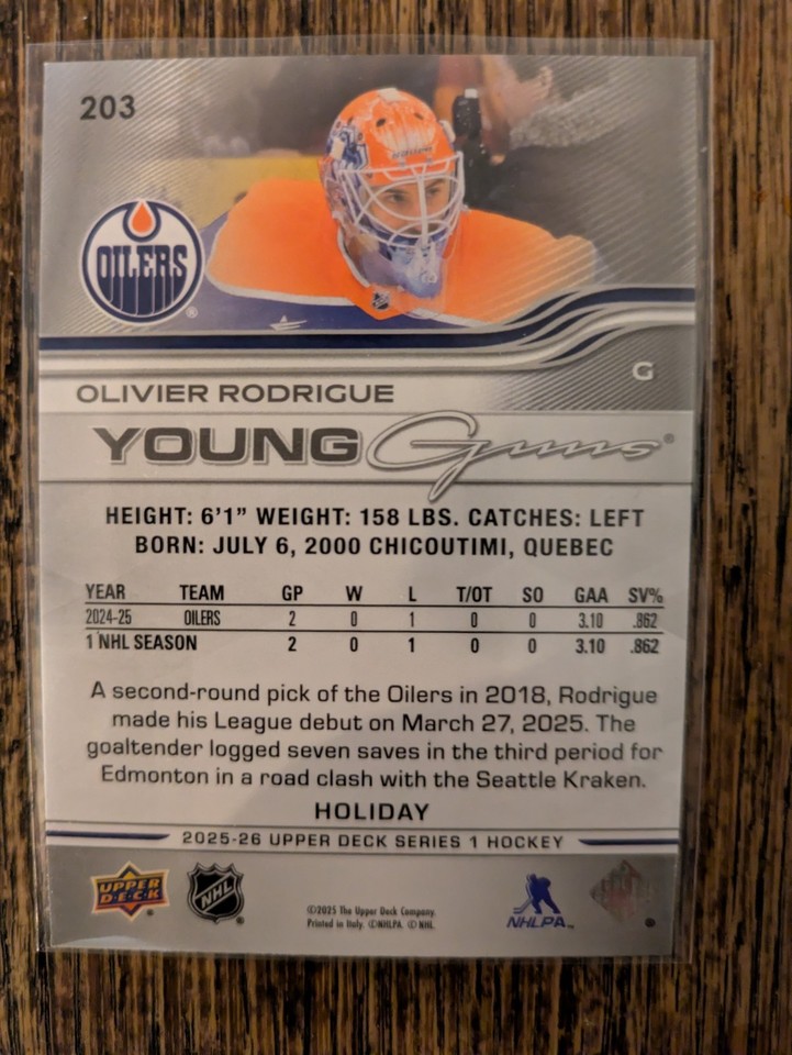 2025-26 Upper Deck Series 1 Oliver Rodrigue Young Guns #203 Holiday SP ...