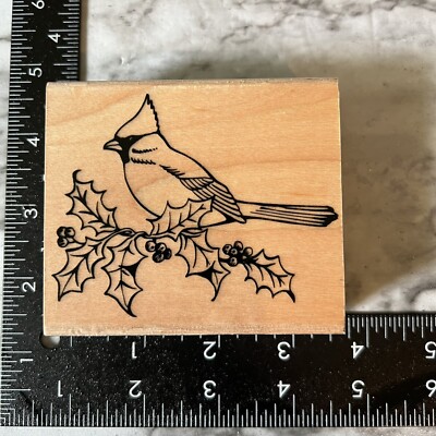 Embossing Arts Cardinal On Holly Branch Wood Mounted Rubber Stamp | eBay