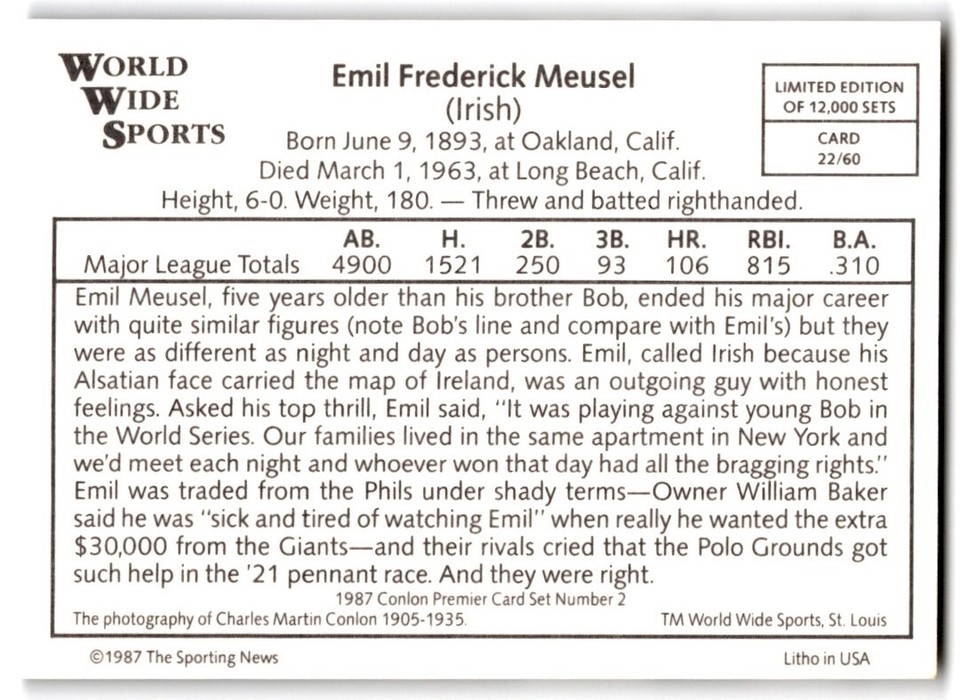 1987 Conlon World Wide Sports Series 2 The Sporting News Emil Meusel ...