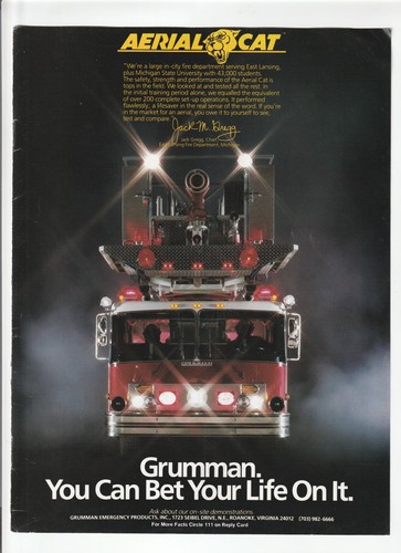 1985 GRUMMAN FIRE ENGINE Magazine AD~Aerial Cat/East Lansing, MI~TASK ...
