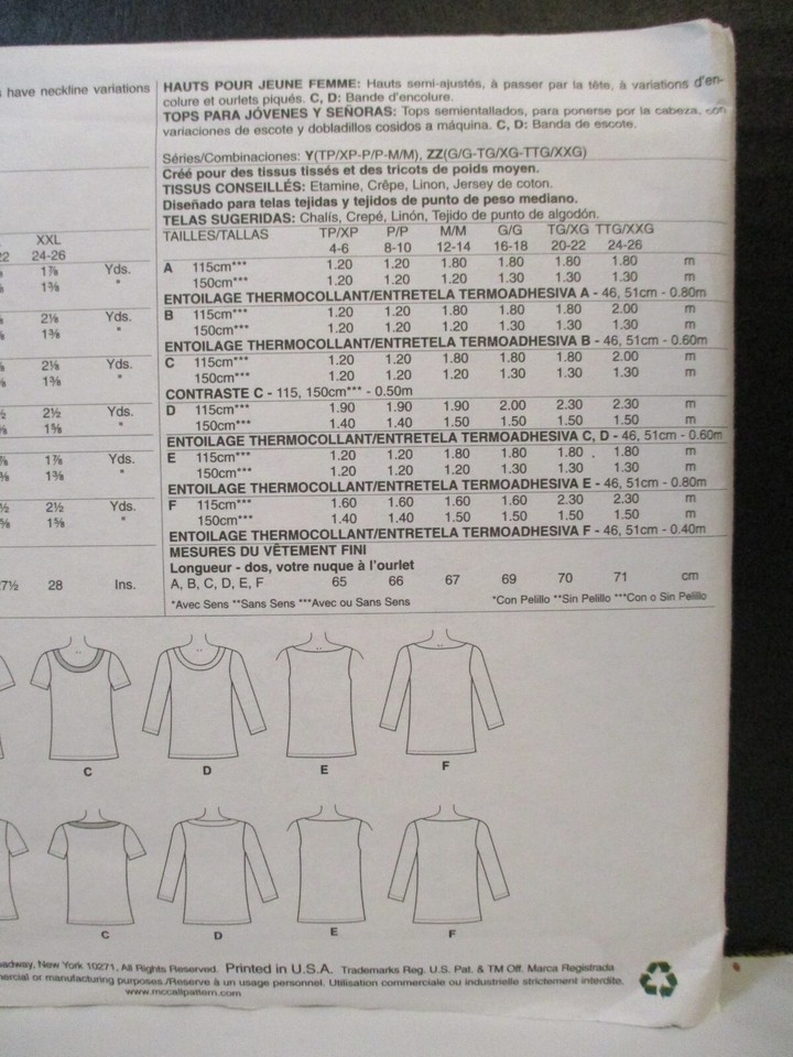 McCall's Pattern M7322 Miss Size L-XL-XXL (16-26) Tops Sleeve Neck ...