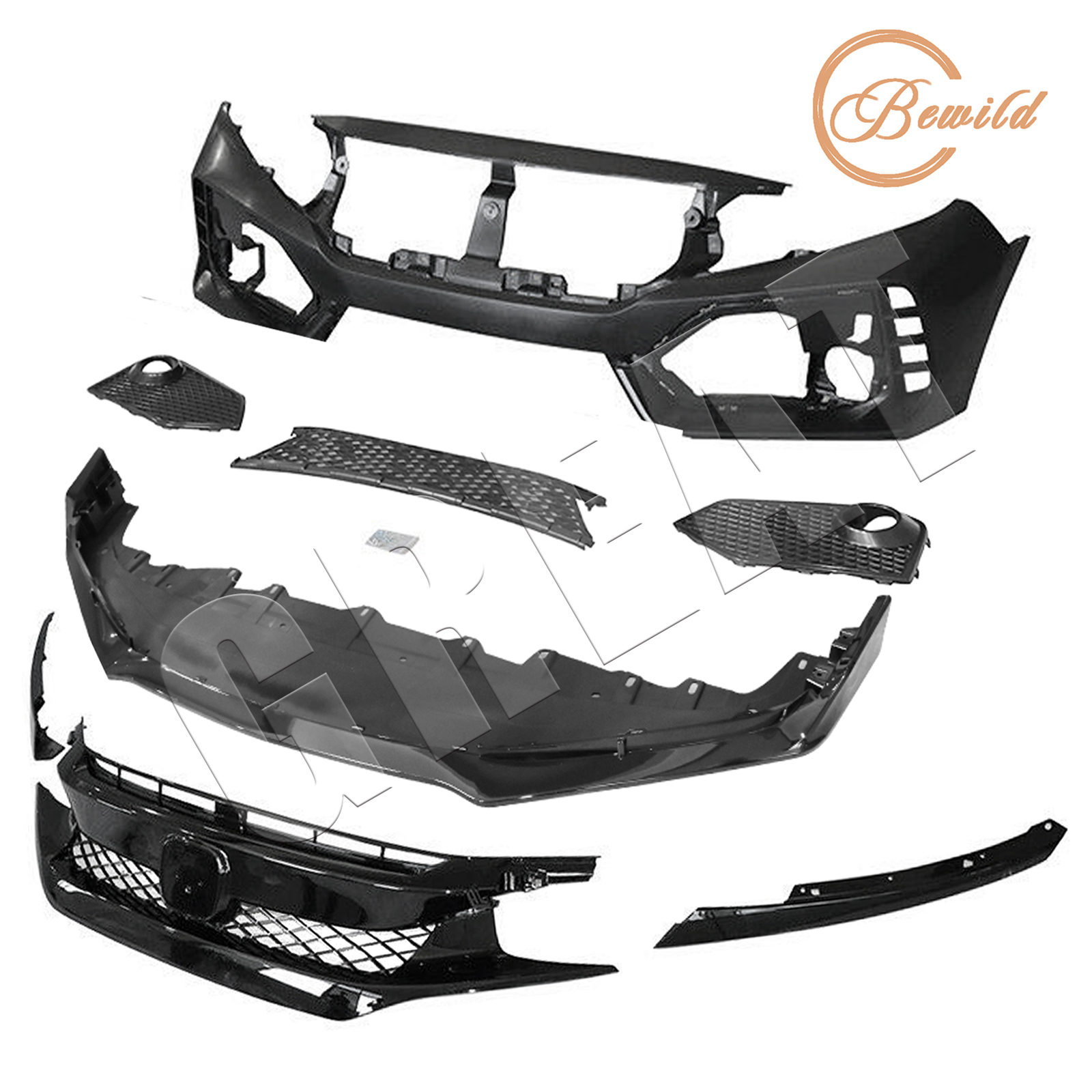 Type R Style Front Bumper Cover Kit w/ Grille & Lip Fit For Honda Civic ...