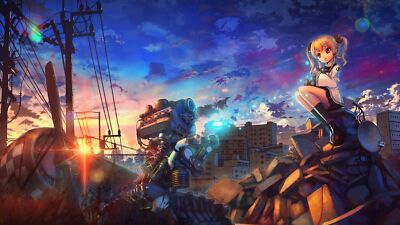 Anime artwork girls city destruction engine power lines Playmat Gaming ...