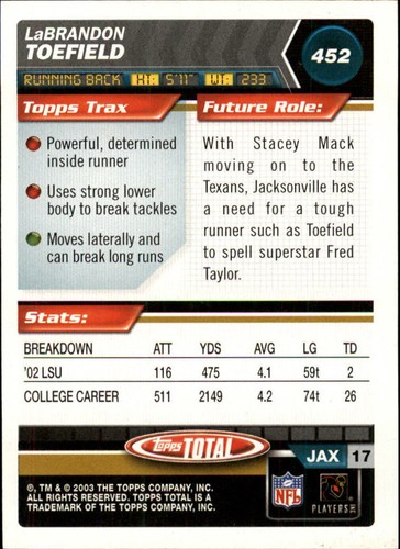 2003 Topps Total #452 LaBrandon Toefield RC Card | eBay