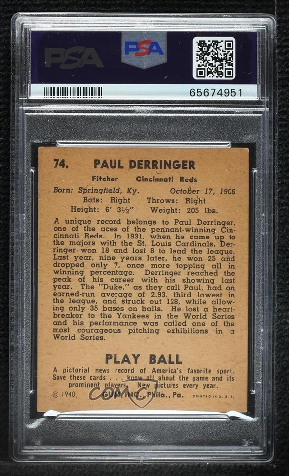 1940 Play Ball Paul Derringer Paul Duke Derringer #74 PSA 4 | eBay