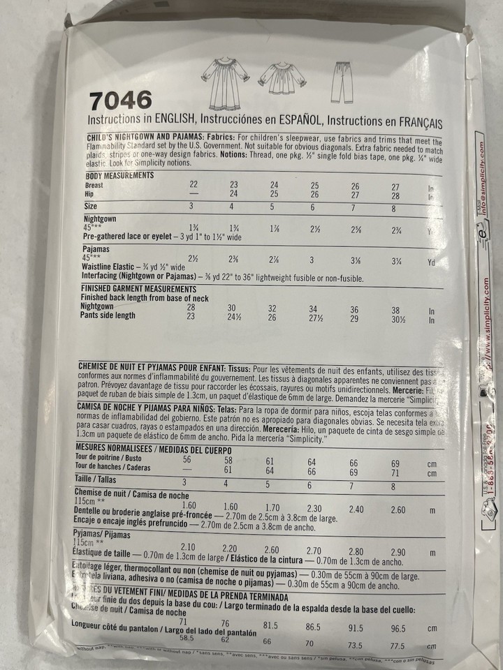 Sewing Pattern Simplicity 7046 Childs Nightgown & Pajamas, Size 3-8 ...