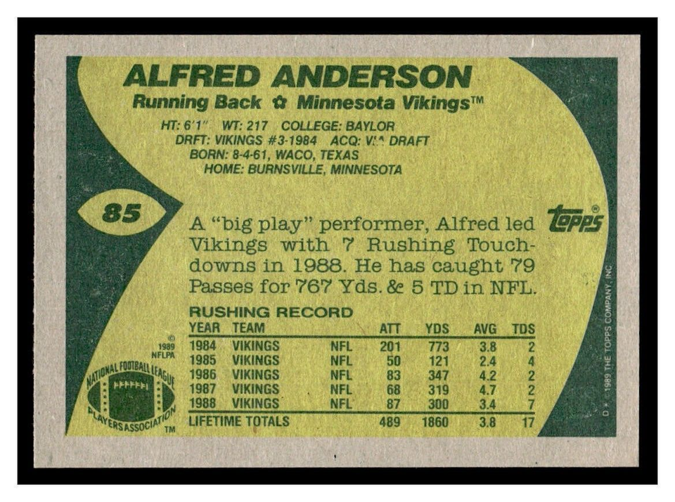 1989 TOPPS - NFL Football Trading Card #85 🏈 ALFRED ANDERSON, Minnesota ...