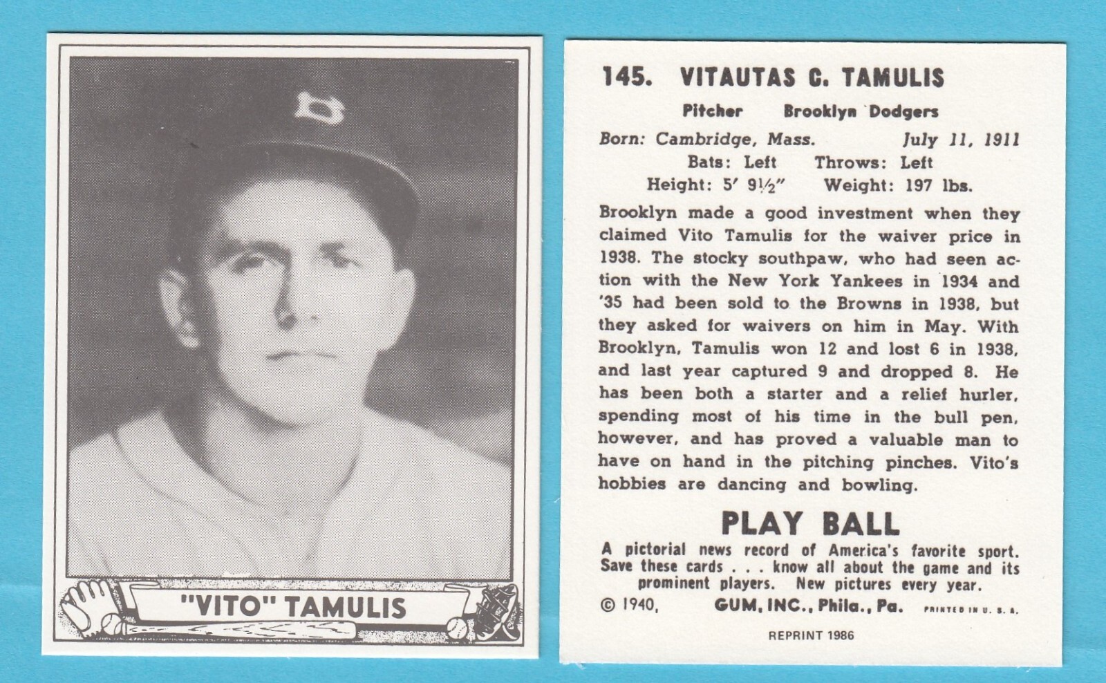 1940 Playball Reprint # 146 Tot Pressnell -- Brooklyn Dodgers Box 129 ...