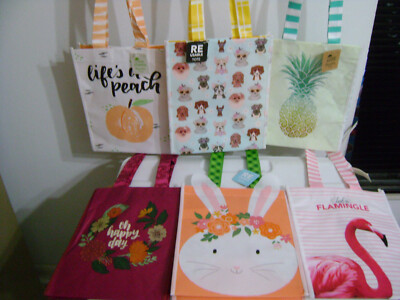 TOTE BAGS REUSABLE TOTE BAGS LOT (6) 11 1/2" x 9 1/2" VARIOUS OCCASIONS ...