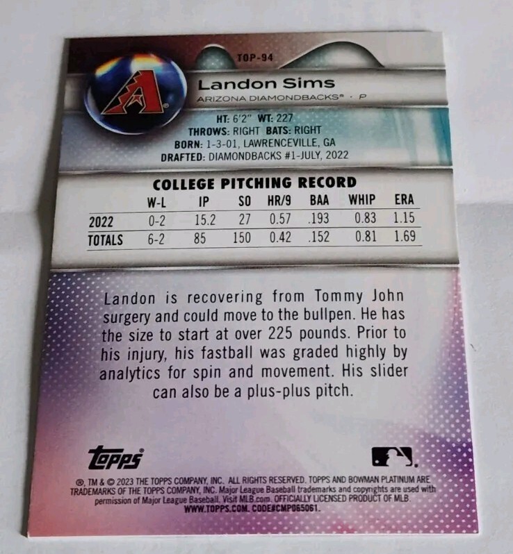 2023 Bowman Platinum Landon Sims Top Prospect Base Card #TOP-94 | eBay