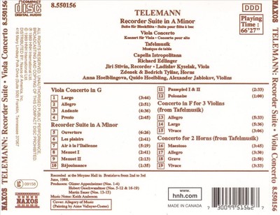 TELEMANN: RECORDER SUITE IN A MINOR; VIOLA CONCERTO; TAFELMUSIK NEW CD ...