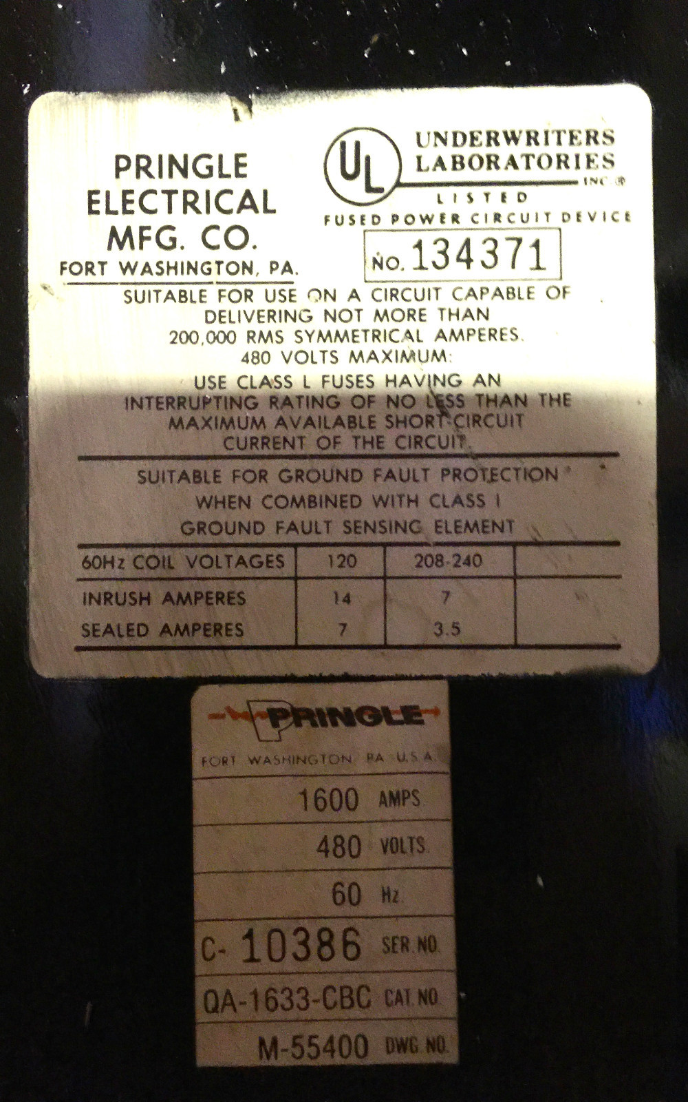 PRINGLE Switch QA-1633-CBC, 1600A, 120 Volt Shunt Trip 480 VAC 1 Year ...