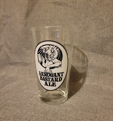 Arrogant Bastard Ale Devil Logo Beer Pint Glass Fizzy Yellow Beer Is ...